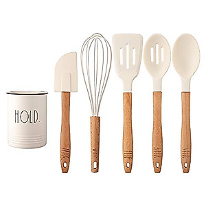 Rae Dunn Everyday Collection 5 Piece Silicone Kitchen Utensil Set with Canister Holder- Kitchen Tools with Beechwood Handles (White)