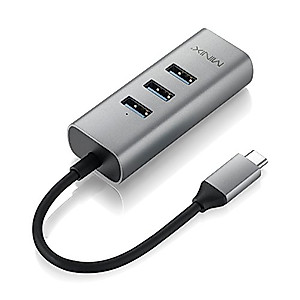 MINIX NEO-C-UEGR, Aluminium USB-C to 3-Port USB 3.0 and Gigabit Ethernet Adapter - for Windows, Mac and Chrome OS, Grey