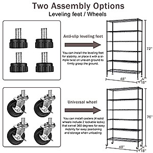 XXkseh 6000Lbs Capacity Storage Shelves Heavy Duty Shelving Unit 6 Tier Metal Shelving NSF Certified with Wheels and Adjustable Feets Commercial Grade Utility Shelf, 48"x 18"x 76" Wire Rack, Black