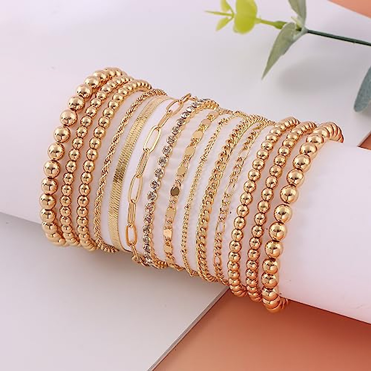 WAINIS 14PCS Gold Chain Bracelets Set for Women 14K Gold Plated Dainty Link Paperclip Bracelets Stake Adjustable Layered Metal Link Beaded Bracelet Fashion Jewelry