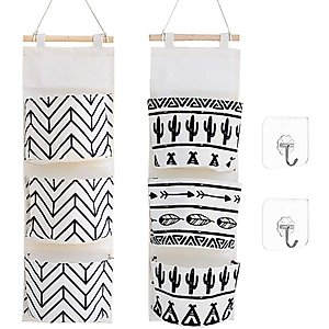 KRLIFCSL Over The Door Clost Hanging Storage Bag with 3 Pockets Canvas Fabric Wall Storage Organizer, 2 Pcs Adhesive Wall Hooks,2 Pack (Black)