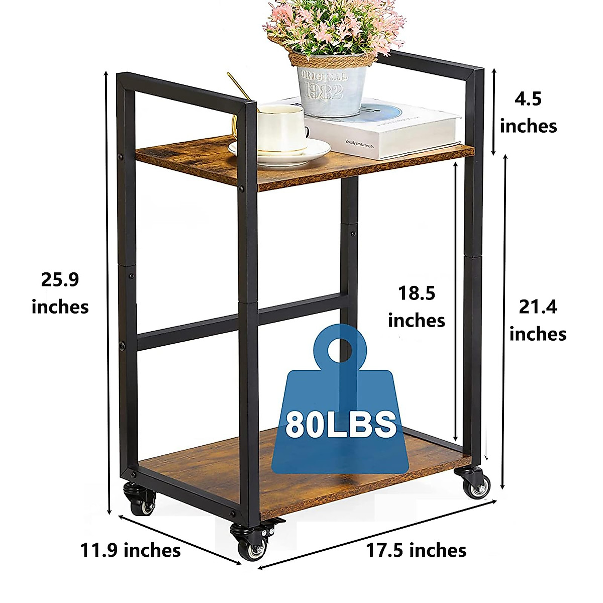 SEHERTIWY 2 Tier Computer Tower Stand, Brown CPU Holder Stand Cart with Rolling Caster Wheels, Mobile PC Tower Stand for Office Home Studio