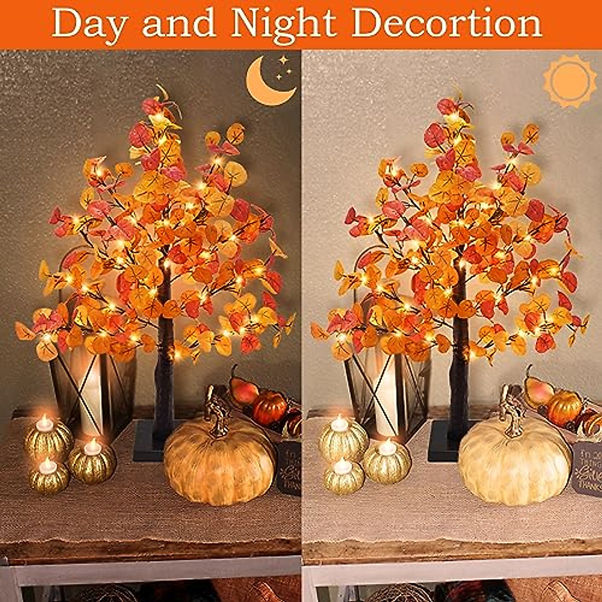 Agusbagli 24 Inch Artificial Fall Lighted Eucalyptus Tree Decor, 55 LED Battery Operated Fall Light Up Tabletop Tree with Timer for Indoor Home Wedding Harvest Fall Autumn Thanksgiving Decorations