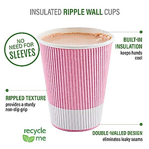 8 Ounce Disposable Coffee Cups, 500 Double Wall Hot Cups For Coffee - Lids Sold Separately, Rippled Wall, Light Pink Paper Insulated Coffee Cups, For Coffee, Tea And More-Restaurantware