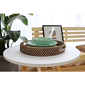 16.9 inch Rattan Tray, Round Wicker Tray with Cut-Out Handles, Woven Serving Tray for Dining/Coffee Table