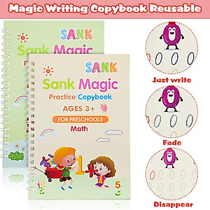2 Pieces Magic Practice Copybook Magic Writing Paste Practical Reusable Writing Tool Workbook with Pens Set for Kid Calligraphic Christmas Gifts (Number and Math)