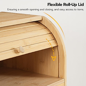 HOOBRO Bread Box, Bamboo Bread Box for Kitchen Countertop, 2 Tier Roll-Top Bread Bin, Food Storage Box, Large Capacity Keeper, Wooden Storage Cabinet, for Kitchen, Dining Room, Natural YL13MB01