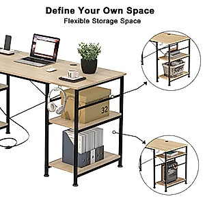 Tbfit L Shaped Desk with Storage Shelves,95.2 Inch Reversible Coner, Office Desk for Small Space,Large Computer Gaming Desk Workstation with Power Outlet,2 Person Long Writing Study Table(Oak)