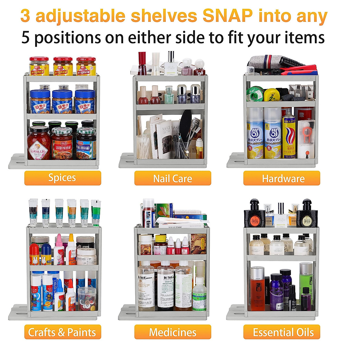 Dutiplus Pull-Out & Rotate Spice Rack Kitchen Cabinet Organizer 2 Three-Decker Shelves Snap-in ABS Shelves Adjustable Storage (10.8”H x 5.8”W x 10.4”D) (High-Grade Gray)