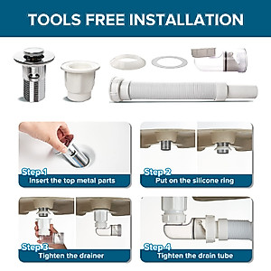 JEAPHA 2 in 1 Bathroom Sink Drain Kit with Flexible & Expandable P-trap pipe for bathroom sinks, Pop Up Drain for 1-1/2'' Drain Hole Extension Hose Tail Pipe, Fits Overflow or No Overflow Vessel Sink