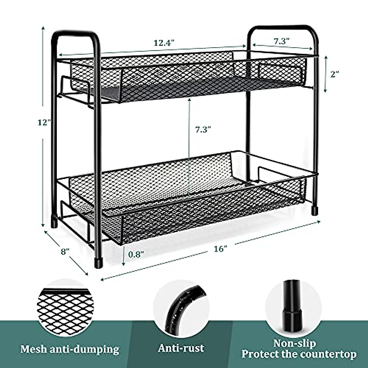 Spice Rack Organizer for Countertop,Xpatee 2-Tier Foldable Metal Rust-Proof Standing Large Seasoning Storage Shelf with Guardrail and Mesh Design for Kitchen Cabinet Bathroom Makeup Living Room Pantry Office, Black