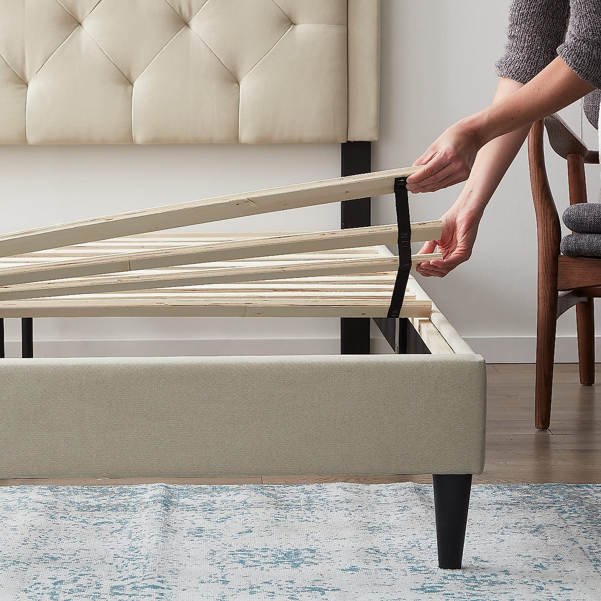 LUCID Upholstered Platform Bed Frame with Headboard– No Box Spring Needed – Queen Size – Pearl