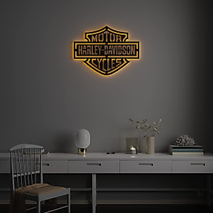 Harley Davidson Wall Sign - Led Illumination - Garage Sign - Wall Art Orange White (20x15") (20x15")