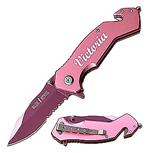 Blue Steel Personalized Laser Engraved Pocket Knife, Rescue Pocket Knife with 3.25-Inch Stainless Steel Blade, Glass Breaker Tip, Belt Cutter, and Pocketclip, Color - (Light Pink)