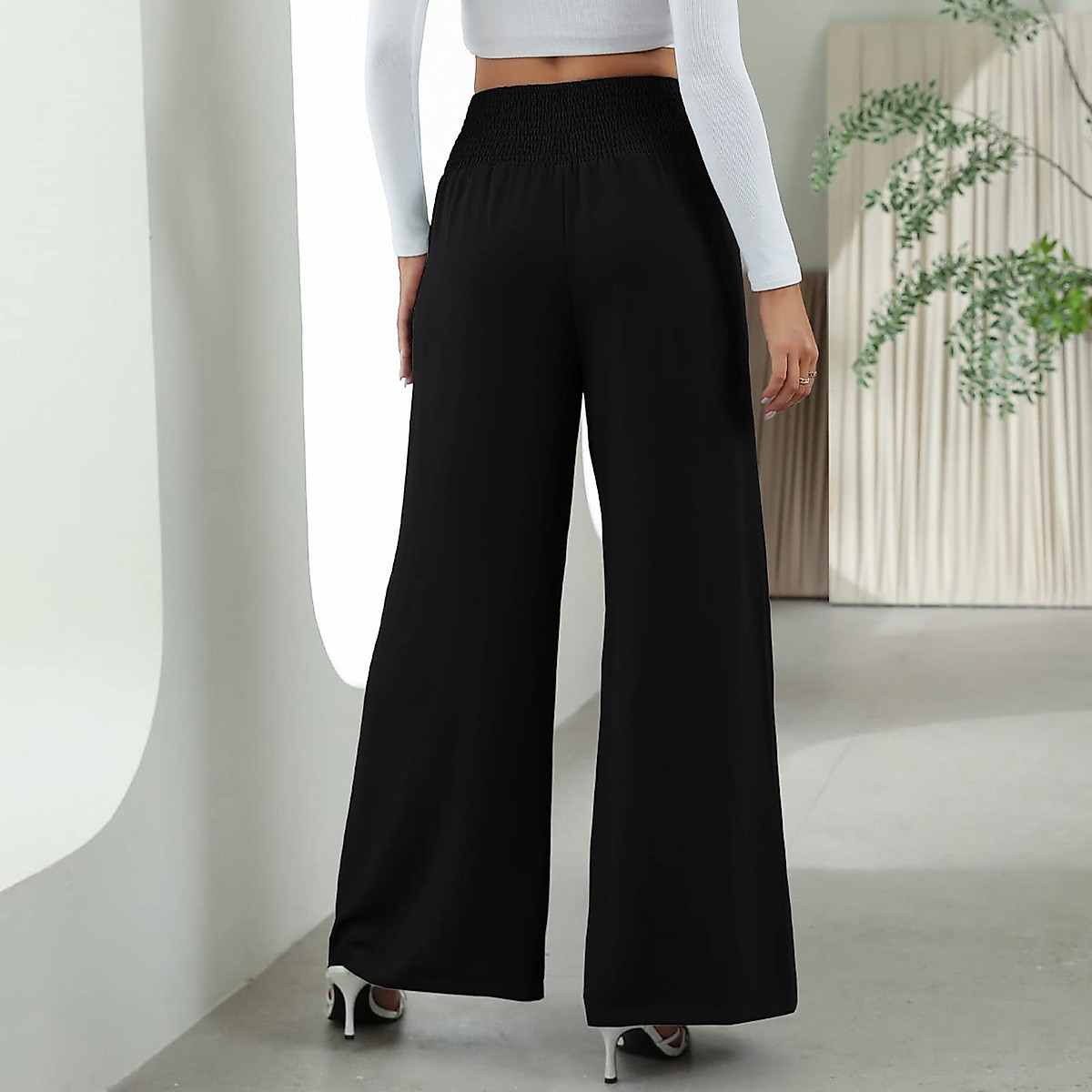 Pissente Women Wide Leg Trousers Shirred High Elastic Waist Button Decoration Casual Pants for Work Dating(XL-Black)