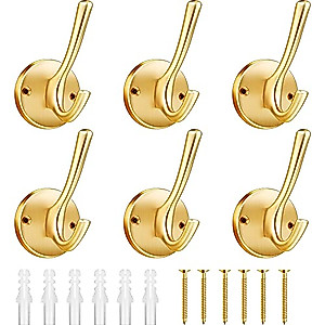 Coat Hooks Bathroom Towel Hooks Rustproof Metal Hooks Heavy Duty Double Robe Hook Clothing Hat Key Hook Toilet Kitchen Wall Mounted Hanger (Gold,6 Pieces)
