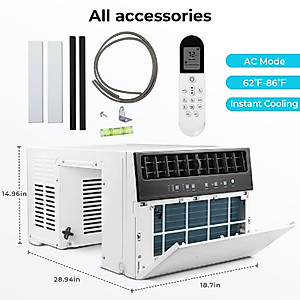 R.W.FLAME 12,000 BTU Window Air Conditioners, U-Shaped Air Conditioner Window Unit Cools up to 550 Sq. Ft, 6 Modes 24H Timer Energy-saving Window AC Units, Full Window View, Easy to Install, White
