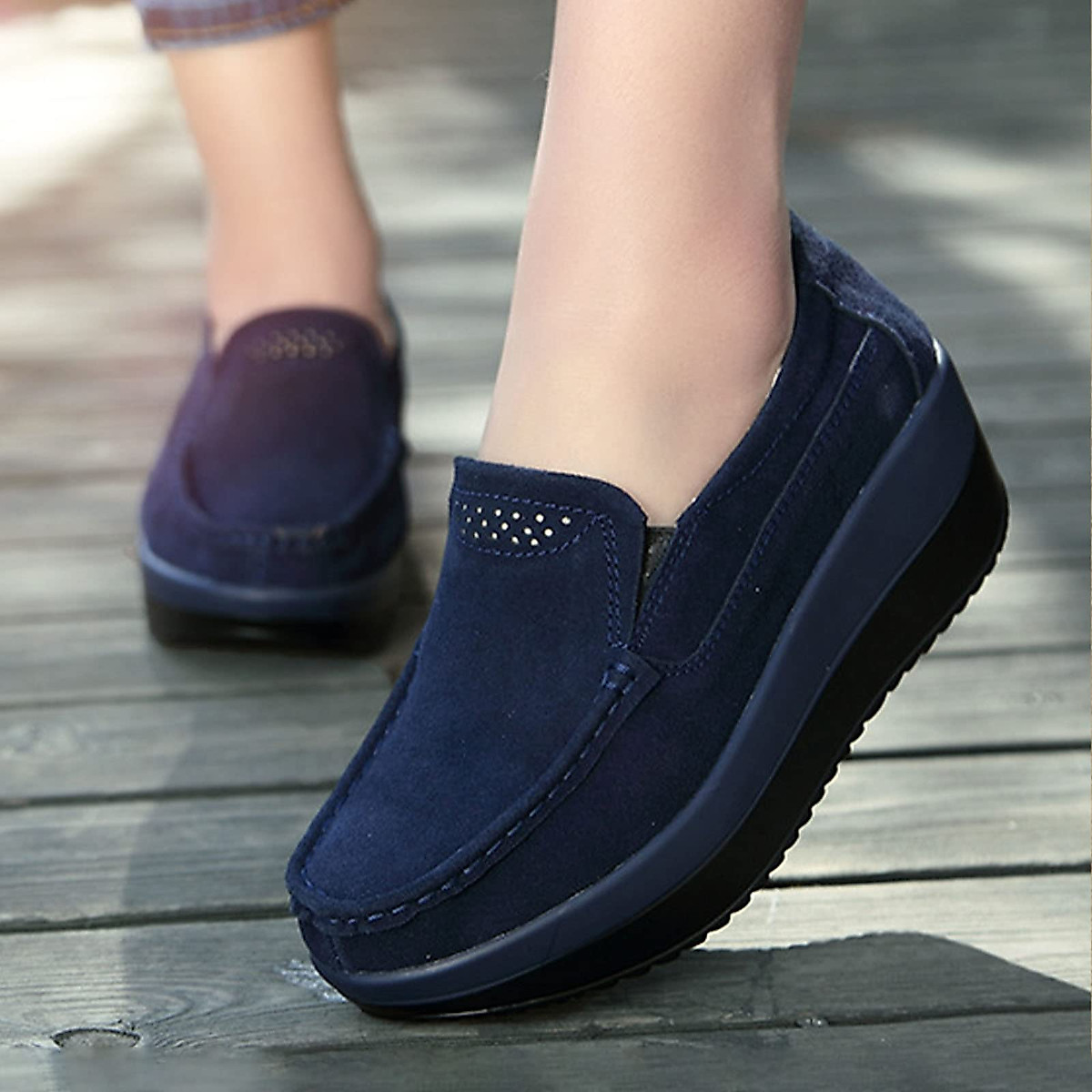 AngryMonkey Women's Fashion Platform Sneakers High Hidden Heel Wedge Moccasin Slip-on Casual Low Top Non-Slip Walking Shoes (8.5,Dark Blue,8.5,Women)