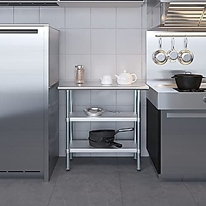 36" Long X 18" Deep Stainless Steel Work Table with 2 Shelves | Metal Food Prep Station | Commercial & Residential NSF Utility Table