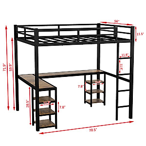 Bellemave Full Size Loft Bed with Desk, Metal Loft Bed Frame with Storage Shelves, Heavy-Duty Kids Loft Beds with Ladder & L-Shape Desk for Boys Girls Teens, Black