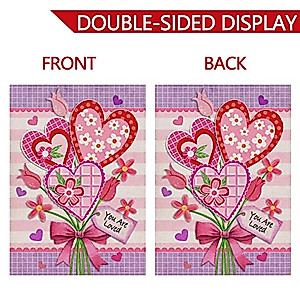 Dyrenson Happy Valentine's Day Pink Red Love Hearts Flower Decorative Garden Flag, Floral Purple Buffalo Plaid Check Farmhouse Yard Outside Decorations Wedding Anniversary Outdoor Small Decor 12x18