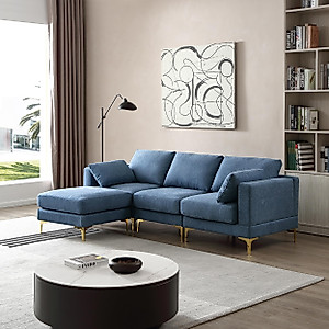 POCIYIHOME 92.9" Convertible Sectional Sofa Couch with Seat Cushion, Modern Leisure L-Shape Couch with 2 Pillows, 4-Seater Sofa Chaise with Metal Legs for Living Room,Bedroom,Office, Polyester, Blue