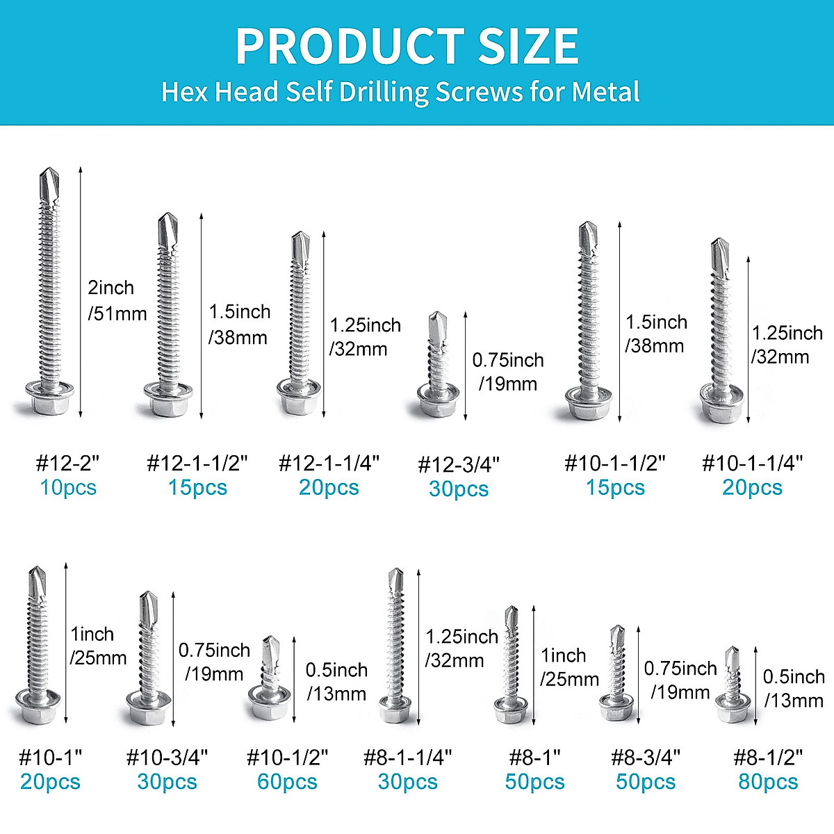 Trivd Frol 410 Stainless Steel Self Tapping TEK Screws Assortment,430 pcs #8#10#12 Hex Head Self Drilling Screws for Metal, Length 1/2" to 2"