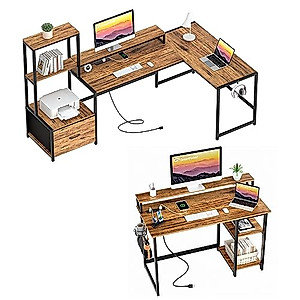GreenForest 79 in L Shaped Desk with Drawers and Printer Stand and 47 in Computer Desk with USB Charging Port and Power Outlet