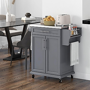 HOMCOM Kitchen Island on Wheels, Rolling Kitchen Cart with Stainless Steel Countertop, Drawer, Towel Rack and Spice Rack, Utility Storage Trolley, Gray