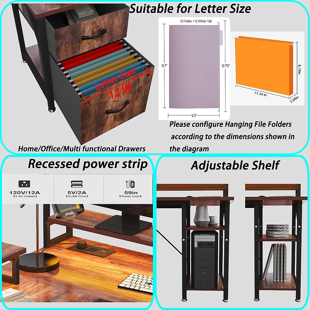 SZXKT L Shaped Desk with Drawers,Corner Desk with Storage,Gaming Desk with Power Outlet,L Desks for Home Office with Monitor Stand and LED Lights, Desk with Shelves and Bookshelf,Rustic Brown