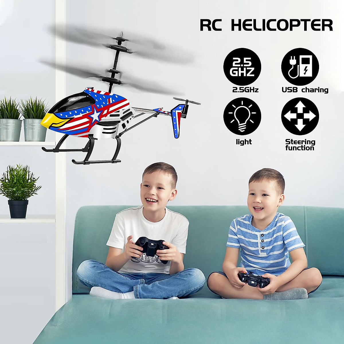 Remote Control Helicopter for Kids Adults, 2.4GHz RC Helicopter Toy 3.5 Channel Helicopter with LED Lights, One Key Take Off/Landing Rc Flying Toy for Boys Girls 5 6+ Birthday Gift, Eagle Patriotic