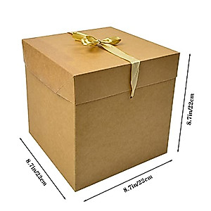 Square Gift Boxes with Lids Set of 4, Brown Kraft Gift Box with Ribbon, (8.7 Inch Medium), Presents Packing, Birthday, Wedding Party Favor Boxes.
