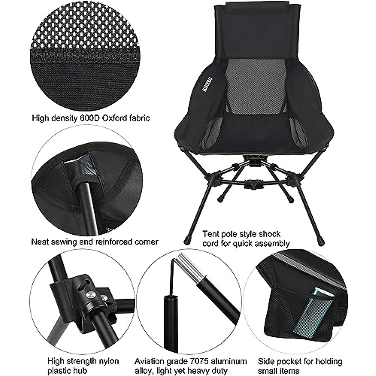 MARCHWAY Lightweight Folding High Back Camping Chair with Head Support, Stable Portable Compact for Outdoor Camp, Travel, Beach, Picnic, Festival, Hiking, Backpacking (Black)