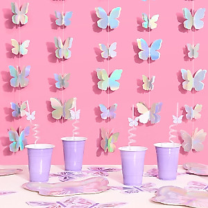 xo, Fetti 3D Iridescent Butterfly Hanging Garland - 4 pcs, 12' | Bachelorette Party Decorations, Birthday Supplies, Baby Shower Photo Booth, HBD, Garden Party Favors, Y2k
