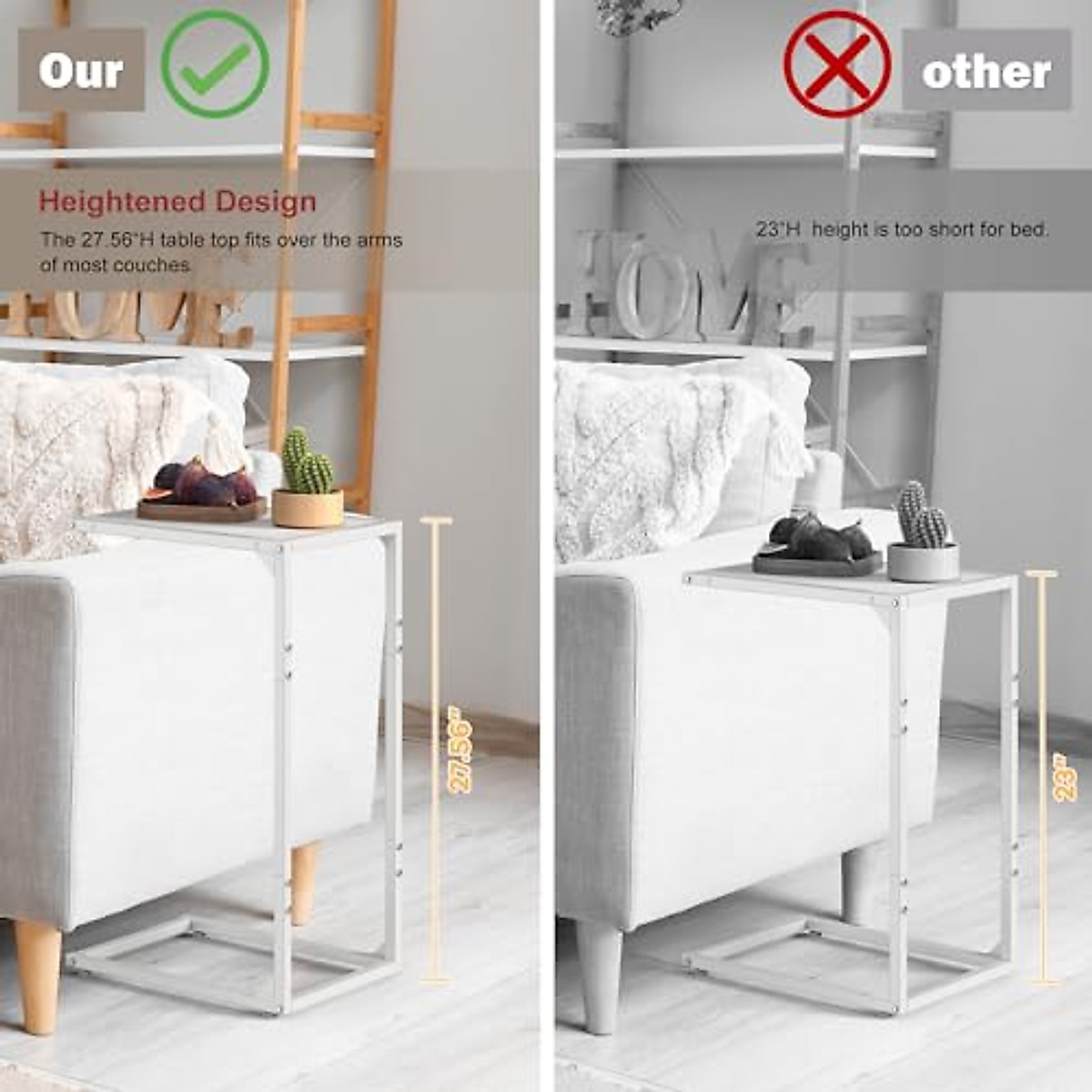 melos C Shaped End Table, Snack Side Table, C Tables for Couch, Couch Tables That Slide Under, for Living Room, Bedroom, White