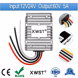 XWST DC 12V 24V Step up to 60V 5A 300W Converter Voltage Converter, 60Volt regulator Waterproof DC/DC Boost Transformer Power Supply (12V 24V to 60V 5A)