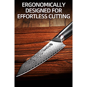 KIMROSE Damascus Utility Knife - 5 inch - 67 Layers 10Cr15CoMoV Alloy Steel - Black G10 Handle - Razor Sharp Kitchen Knife - Petty Knife, Paring - Magnetic Sheath - Gift Box