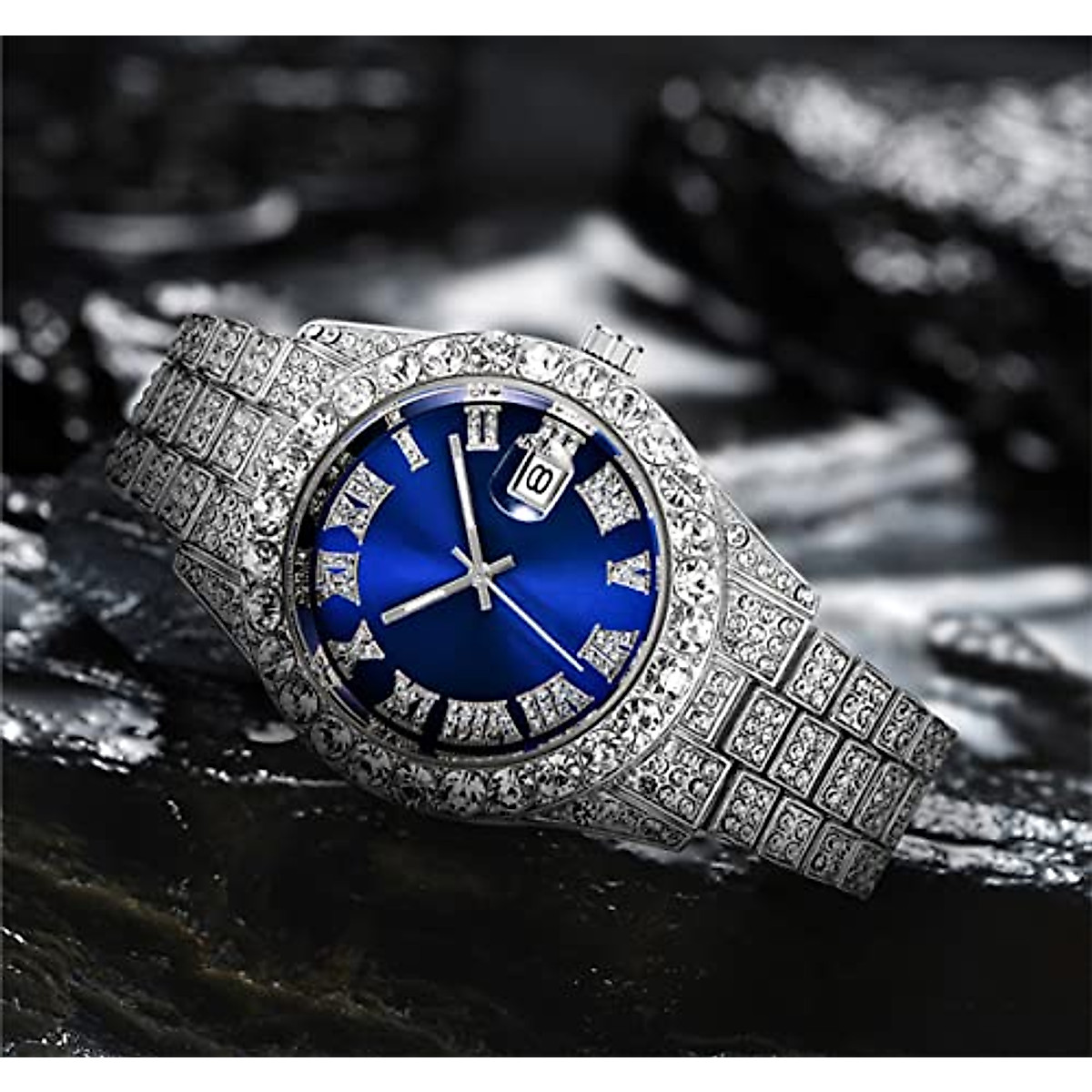 Hip Hop Iced Out Men's Rhinestone Watch Diamond Analog Quartz Watch (Blue)