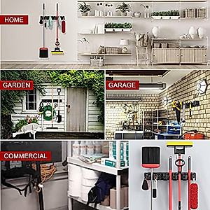 LETMY Mop and Broom Holder Wall Mount, Heavy Duty Broom Hanger Garden Tool Organizer Home Cleaning Supplies Organizations Storage Rack with 5 Position 6 Hooks for Home Kitchen Garden Laundry Room