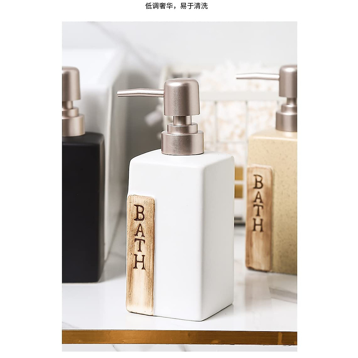 Ceramics Hand Soap Dispenserfor Bathroom, Gold soap Dispenser for Kitchen Sink Refillable Liquid Hand Soap Dispenser with Gold Pump Classic and Timeless Design 13.5Oz (White Square)