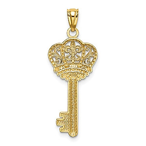 Solid 14k Yellow Gold Two Toned Fleur De Lis Crown Emperor Royal King Queen Key Charm Pendant - 31mm x 12mm