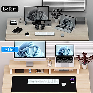 Large Dual Monitor Stand Riser - Monitor Stand for 2 Monitors, Wooden Computer Stand For Desk with Metal Legs, Desk Organizers and Storage With Drawer, Desk Shelf for Computer/Laptop/Printer/TV, Oak