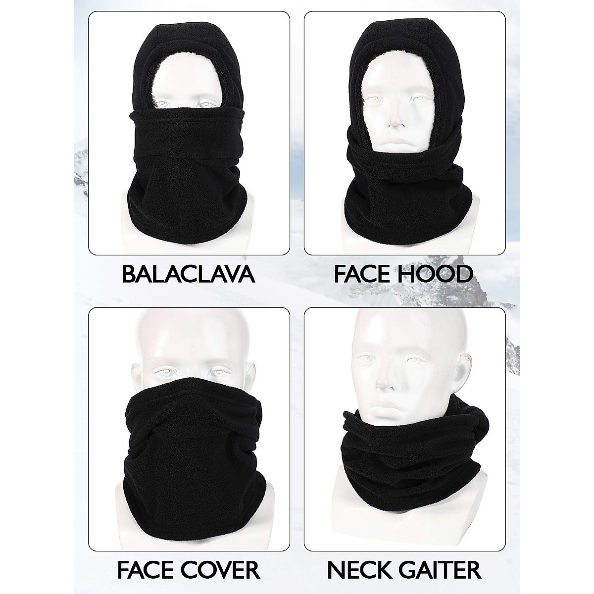 Winter Balaclava Hat Fleece Full Face Covering Scarf with Drawstring (Black, Navy Blue, 2)