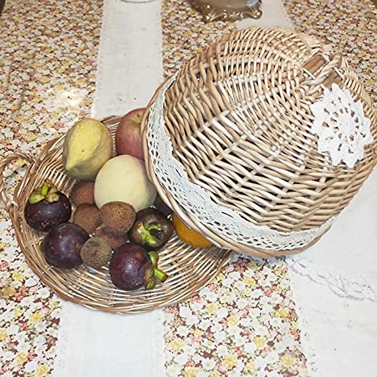 Coralpearl Rattan Wicker Woven Food Dome Lid Cover and Table Serving Tray Storage Plate Platter with Handles for Picnic Party Bread Cake Pizza Dry Fruit Dessert Indoor Outdoor (Brown)