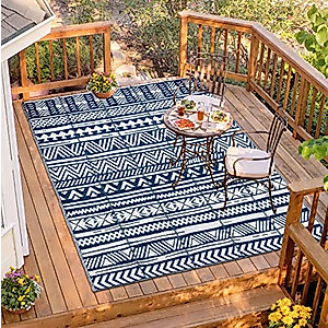 HiiARug 5'x8' Reversible Outdoor Rug, Plastic Straw Rugs, Large Floor Mat and Rug for RV, Patio, Backyard, Deck, Picnic, Beach, Trailer, Camping(Navy/White)