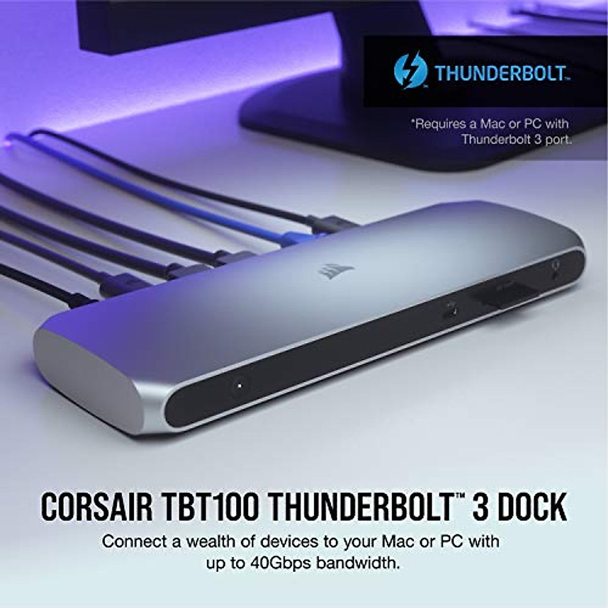 Corsair TBT100 Thunderbolt™ 3 Dock – 85W charging, Dual 4k 60Hz Support, 2x HDMI, 40Gb/s ,USB-C Gen 2 (15W) x2, USB-A 3.1 (7.5W) x2, Gigabit Ethernet – For Mac and PC laptops
