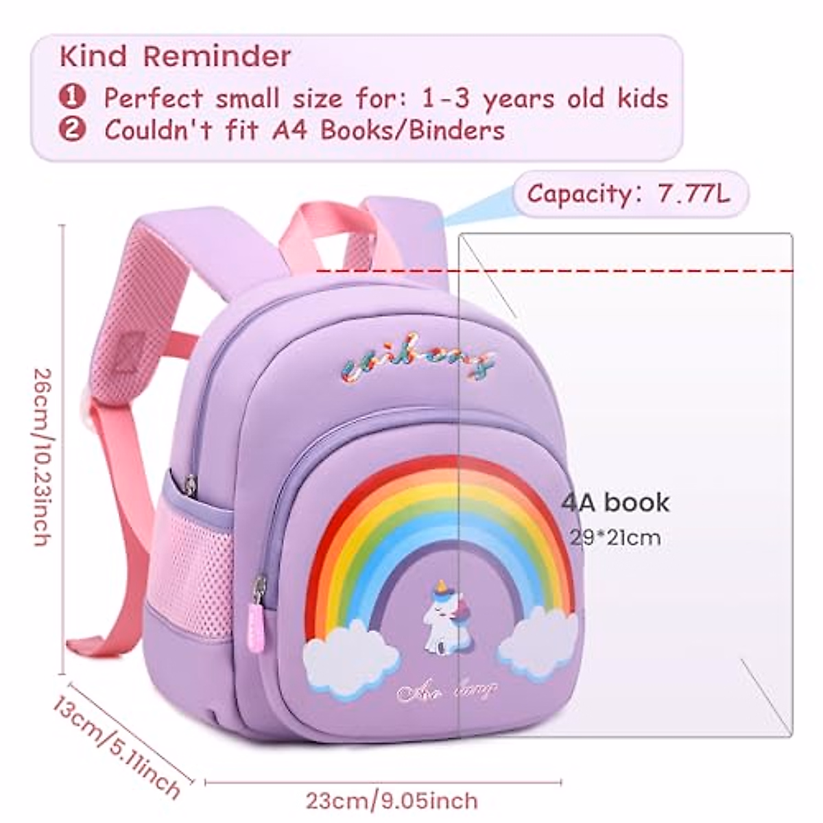 MUSEVOS Rainbow Toddler Backpack for Kids 1-3 Years Old, Mini Toddler Backpack Boys 2-3 Year Old Girls, Small Neoprene Preschool Backpack for Kids with Anti-lost Safety Leash for Daycare Outdoor