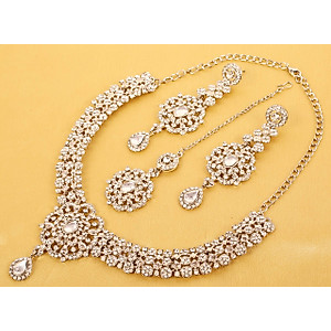 Touchstone Indian Bollywood enchanting floral diamond studded look white Rhinestone embellished bridal designer jewelry necklace set for women in white tone