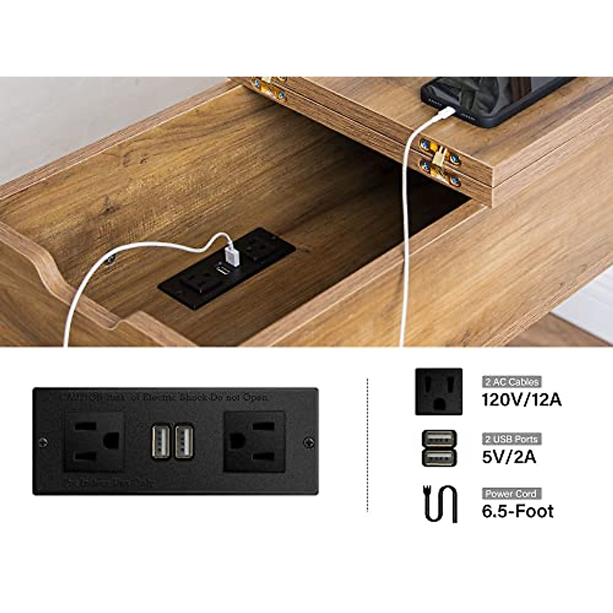 Labcosi 2-Pack Modern Farmhouse Side Table, Narrow End Table with Charging Station, Flip Top End Table with Storage Shelf, Rustic Oak Color