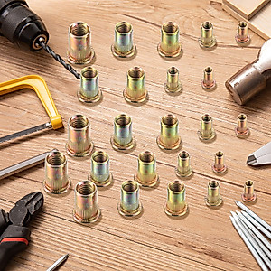 165 Pcs Rivet Nut Kit, Carbon Steel Flat Head Threaded Inserts, Heavy Duty Threaded Insert Rivet Nuts with Knurled Body Assorted in Metric M3/M4/M5/M6/M8 Rivnuts Nutserts